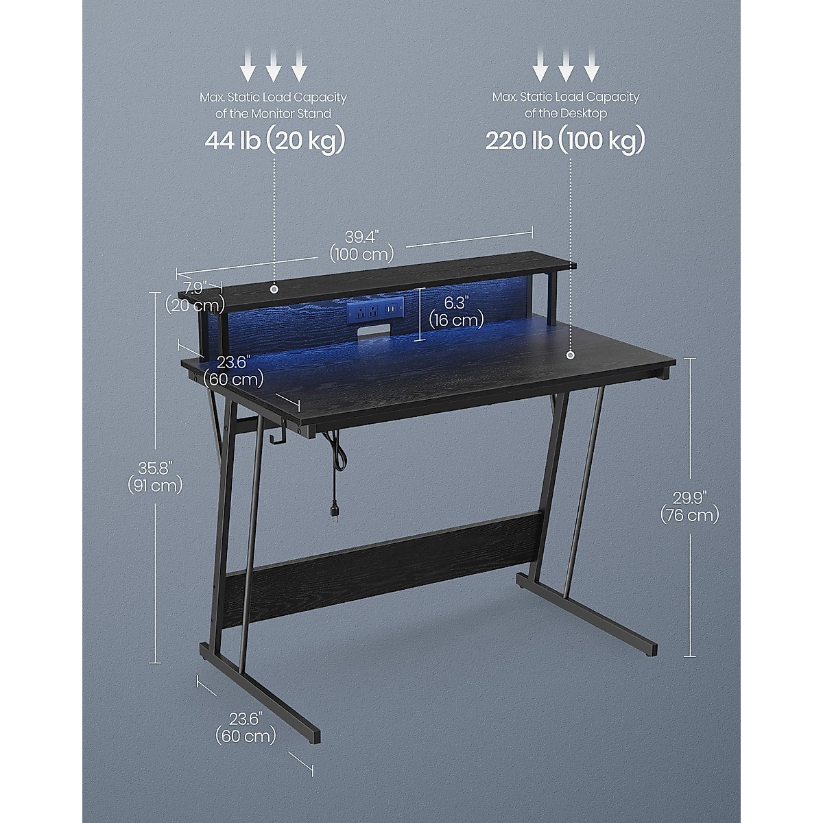 VASAGLE LED Gaming Desk with Power Outlets, Computer Desk with USB Ports, Office Desk with Monitor Stand for 2 Monitors, with Hooks, for Bedroom, 23.6 x 39.4 x 29.5 Inches Ebony Black ULWD091B56