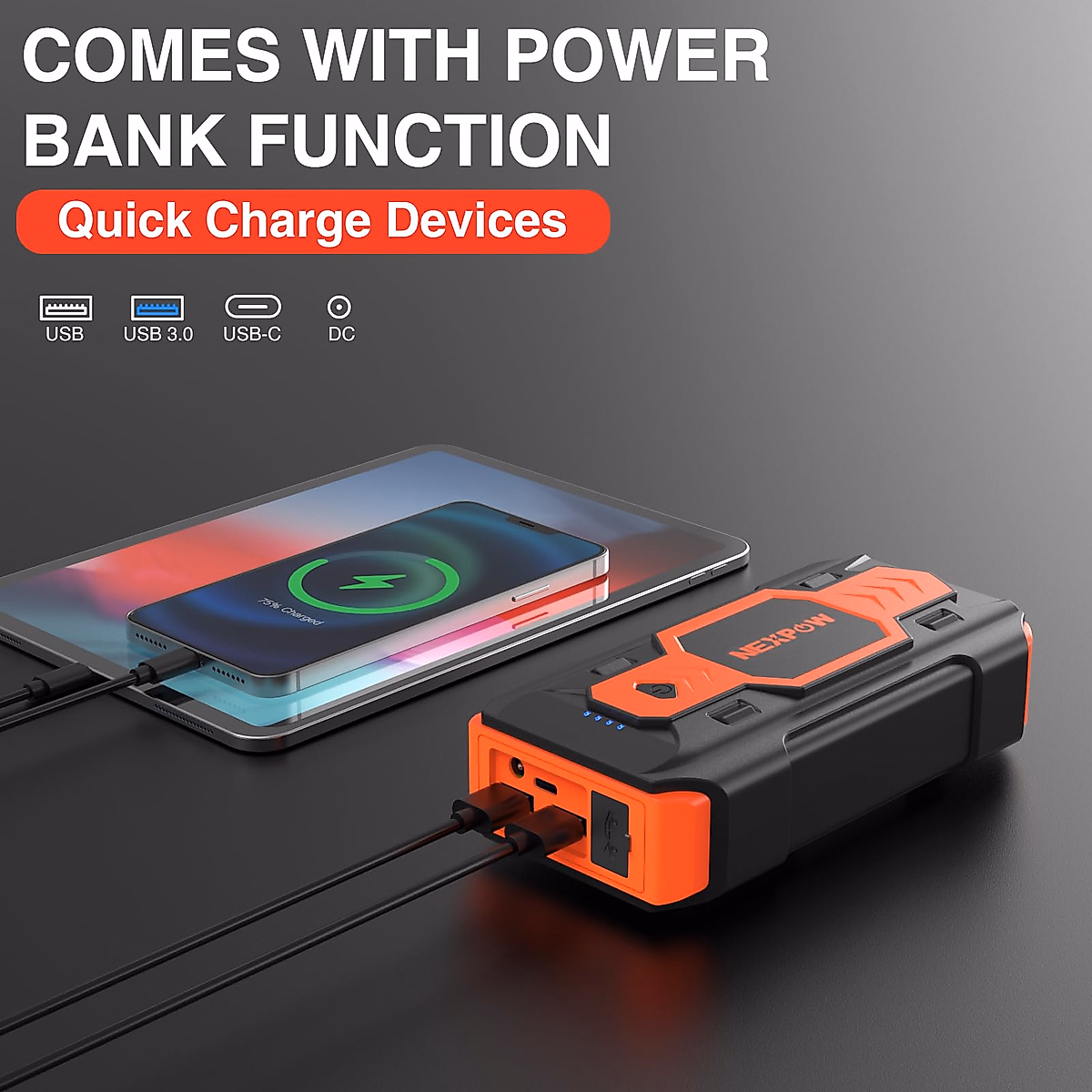 NEXPOW Battery Jump Starter 2500A Car Jump Starter (up to 8.0L Gas/8L Diesel Engines) 12V Car Battery Booster Pack with USB Quick Charge 3.0 and 4 LED Modes Red Blue Warning