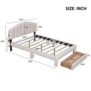 HAUSHECK Upholstered Bed Frame Queen Size with Teddy Fleece Headboard, Big Drawer, Smart LED Lights and 2 USB Ports, Modern Queen Platform Bed Frame w/Wooden Slats Support, No Box Spring Needed