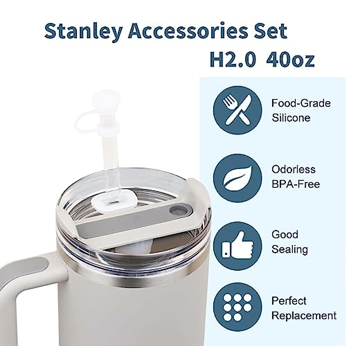 40oz Stanley Cup Accessories Set: 6 Pcs Extra Long Reusable Straws, H2.0 Silicone Spill Proof Stopper 3 Set, 2pcs 40oz Stanley H2.0 Tumbler Lid Spill Proof Splash Resistant Replacement Covers (Pink)