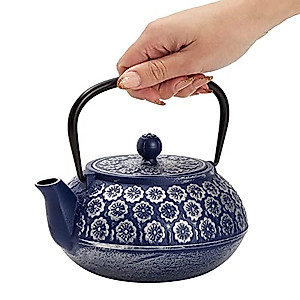 Blue Cast Iron Chinese Teapot with Infuser for Loose Leaf Tea, Includes Handle and Removable Lid (34oz)