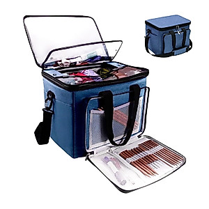 FINECE Knitting Bag, Crochet Organizer Bag with Cover and Inner Dividers, High Capacity Yarn Tote Organizer for Knitting Accessories, Needles, Yarn Skeins, Hooks, Unfinished Project (Blue)