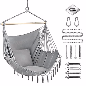 PUREKEA Oversized Hammock Chair with Hanging Hardware Kit, Swing Chair for Indoor & Outdoor, Max 330 Lbs, Include Carry Bag & Two Soft Seat Cushions (Light Grey)