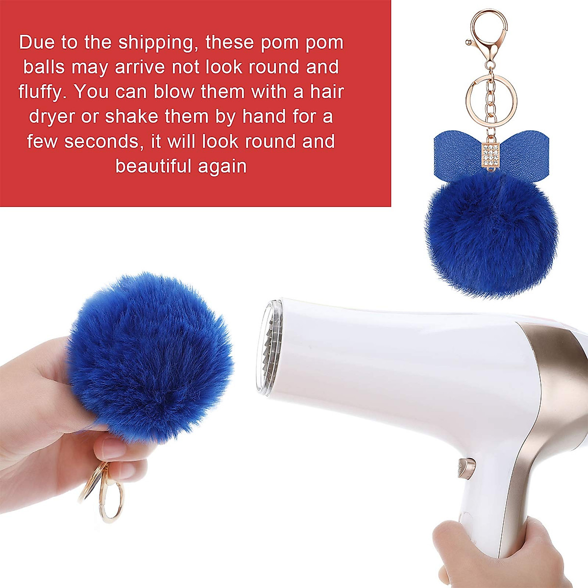 Hicarer 12 Pieces Fluffy Pom Pom Keychain Bulk Bow Rhinestone Faux Pompoms Keyring for Women Bags Craft, 12 Colors(Pastel Colors)