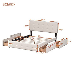 Lostcat Queen Upholstered Bed Frame with 4 Drawers,Linen Fabric Platform Storage Bed with Adjustable Button Tufted Headboard and Solid Wooden Slats Support,No Box Spring Needed,Beige