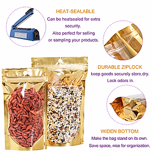 100 Pack Smell Proof Bags with Clear Front Window, 4 x 6 Inches Resealable Stand Up Food Storage Bags Packaging Foil Mylar Pouches for Small Business, Foods, Party Favors (Gold (4x6+2.4 inch)