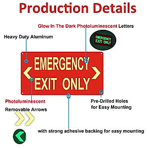 (2Pack) Photoluminescent Emergency Exit Sign Red, Glow In The Dark Aluminum Exit Sign - Adhesive Backing - 4pcs Removable Arrows Included - 14.25 x 7.5 Inches - Non Electrical Exit Sign