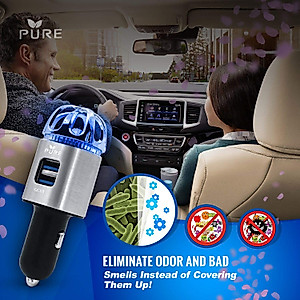Car Air Purifier 3in1 Premium Stainless Steel Air Filter Ionizer w/Dual USB Quick Charge 3.0 USB-Eliminate Allergens Odor Smell, Smoke, Pets, Pollen Mold Bacteria w/Anti-Microbial Deodorizer (Silver)