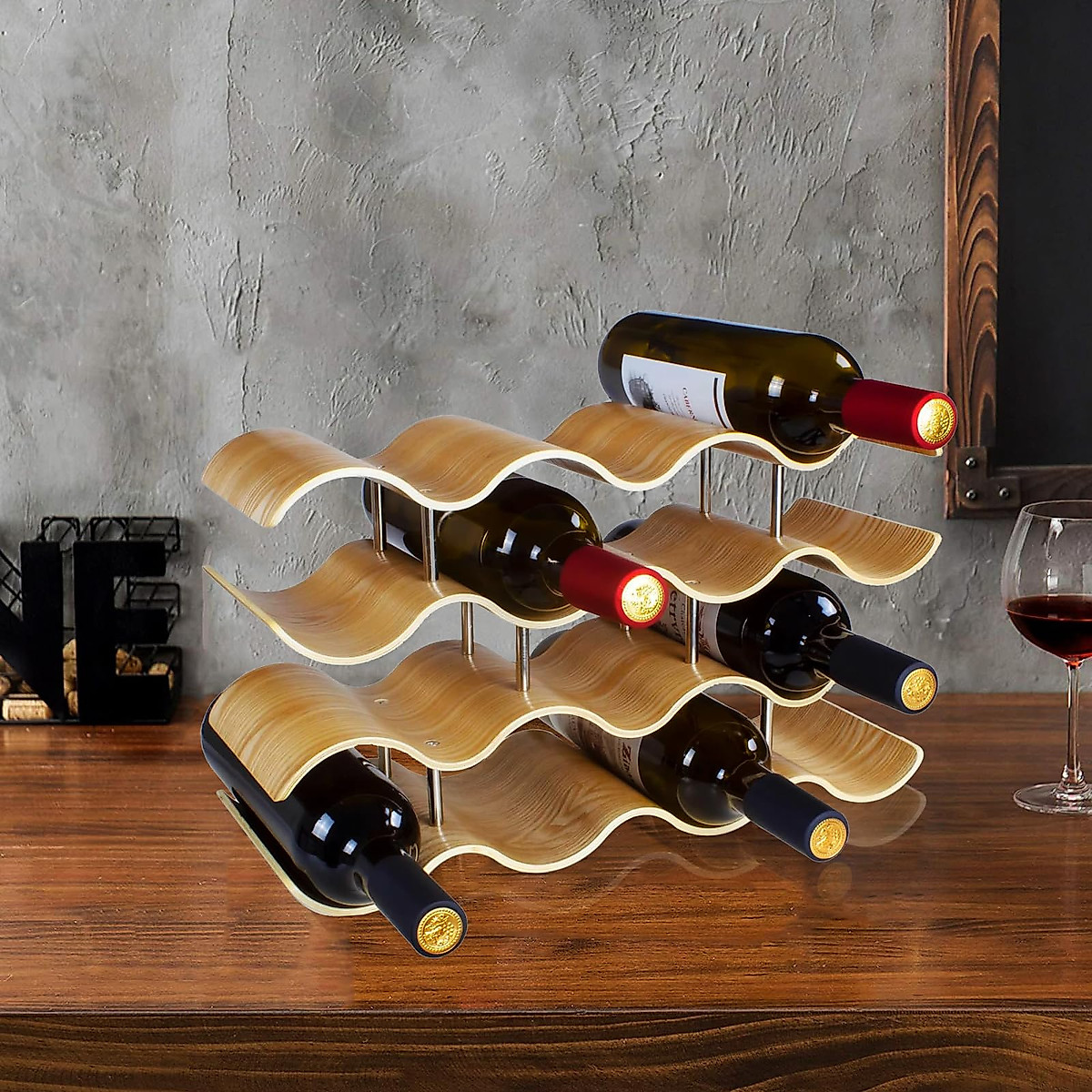 LUCKEG Wine Rack Wine Bottle Holder Brand 4 Tier Wooden Wave Wine Rack, Table Top Wine Storage, Perfect for Bar, Wine Cellar, Pantry, Family Cabinet (14 Bottles)