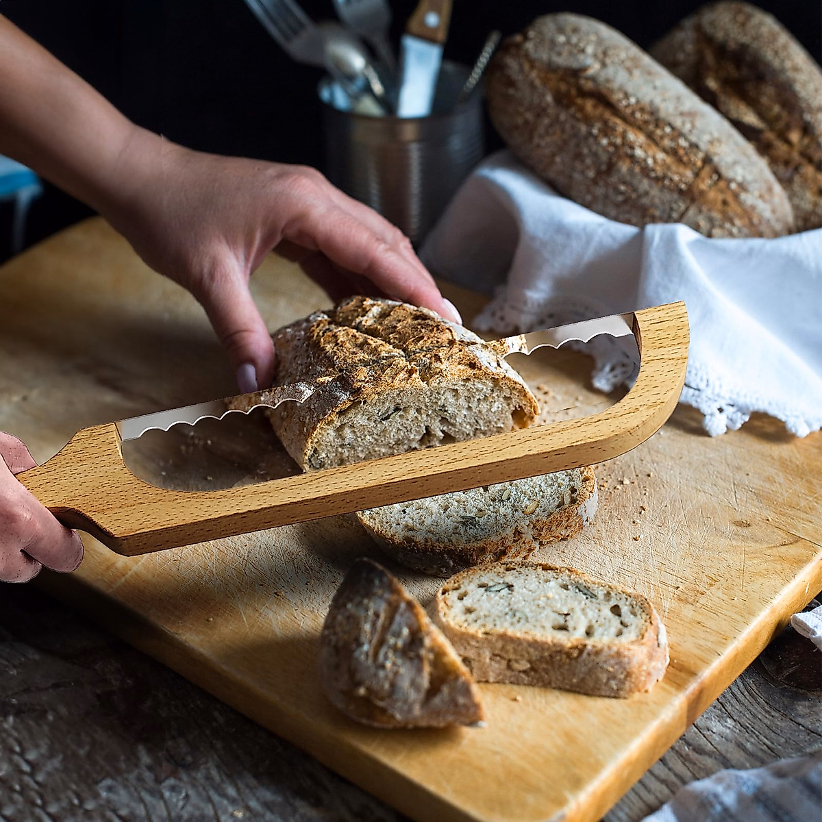 ROSROSE Bread Knife, 16’’ Wooden Bread Bow Knife, Sourdough Bread Knife for Homemade Bread, Serrated Bread Slicer Cutter with Guard, Enhanced Premium Stainless Steel Saw, Right-Handed, Beech