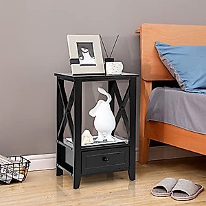 UIIAIOUIAIO 2-Tier Accent Nightstand with Storage Drawer, Farmhouse Wood End Table Bedside Table Sofa-Side Accent Table for Living Room Bedroom(Black)