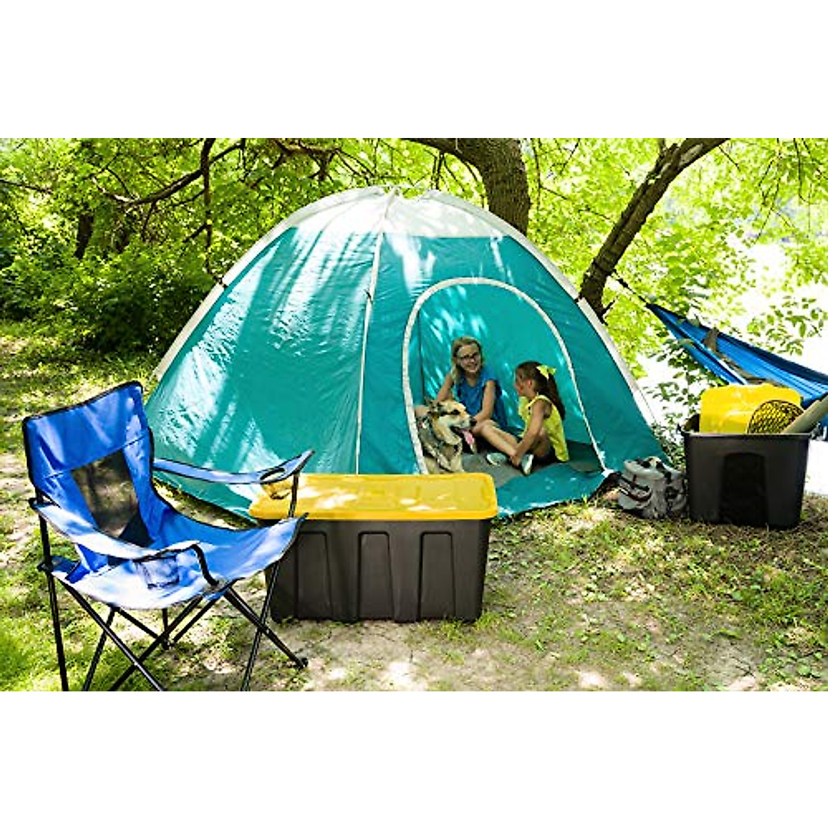 Homz 22-Gallon Durabilt Plastic Stackable Home Office Garage Storage Organization Container Bin w/Latching Lid and Handles, Black/Yellow (4 Pack)