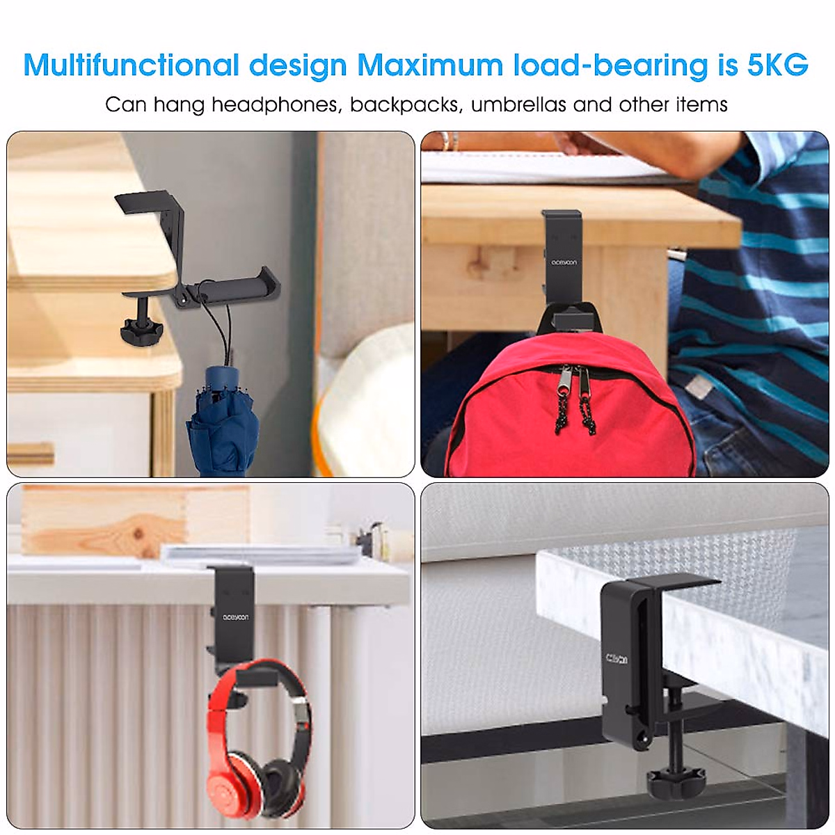 aceyoon Dual Headphone Stand, Under Desk Hanger, 360 Degree Rotatable Dual Headset Holder with Adjustable Clamp, Table Hook for Bag/Backpack/Gaming Headphone