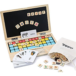 GeroCrew 11.8" My First Laptop: Wooden Learning Toy with Magnetic Letters, Flashcards & Chalkboard - Montessori Toddler Toys - Educational Toy for Kids Ages 3