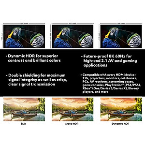 Manhattan 8K Ultra High Speed HDMI Cable with Ethernet – Certified 2.1-3ft, 7ft, 10ft - 4k 120hz, 8K 60hz, 48Gbps, Gold Contacts, Braided Cord –Lifetime Mfg Warranty -for Gaming, PS5, Xbox, TV, Roku