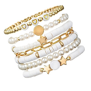 Pingyongchang 8Pcs Heishi Surfer Bracelets Set Colorful Preppy Happy Smile Stackable Evil Eye Beaded Stretch Boho Clay Y2K Kidcore Aesthetic Bracelets for Women E