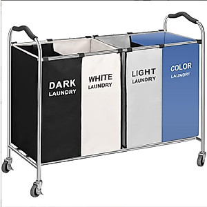 Foldable Laundry Basket Assorted Bags,320L 4 Bag Laundry Sorter Cart 16 X 30 X 40 inch Heavy Duty Laundry Cart with Wheels Laundry Organizer Basket Clothes Separator Hamper