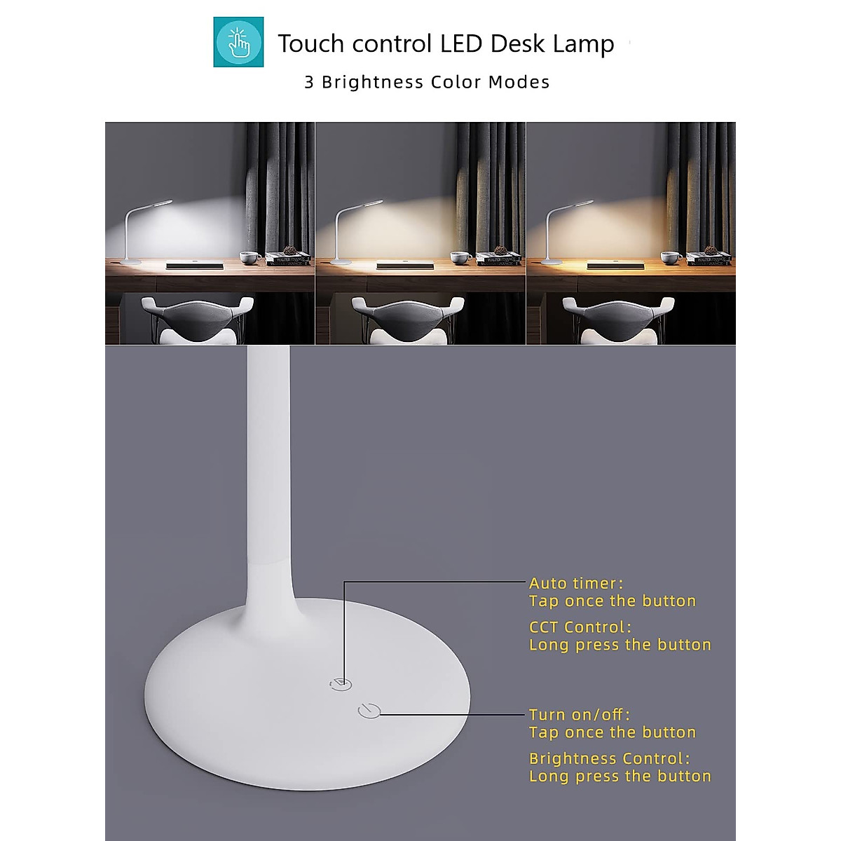 BritMo Led Cordless Desk Lamp, Rechargeable 3500mAh Battery Operated Reading lamp with Eye-Caring, Stepless Dimming Brightness, 3 Color Temperatures, Auto Timer Table Lamp for Office Bedroom (White)