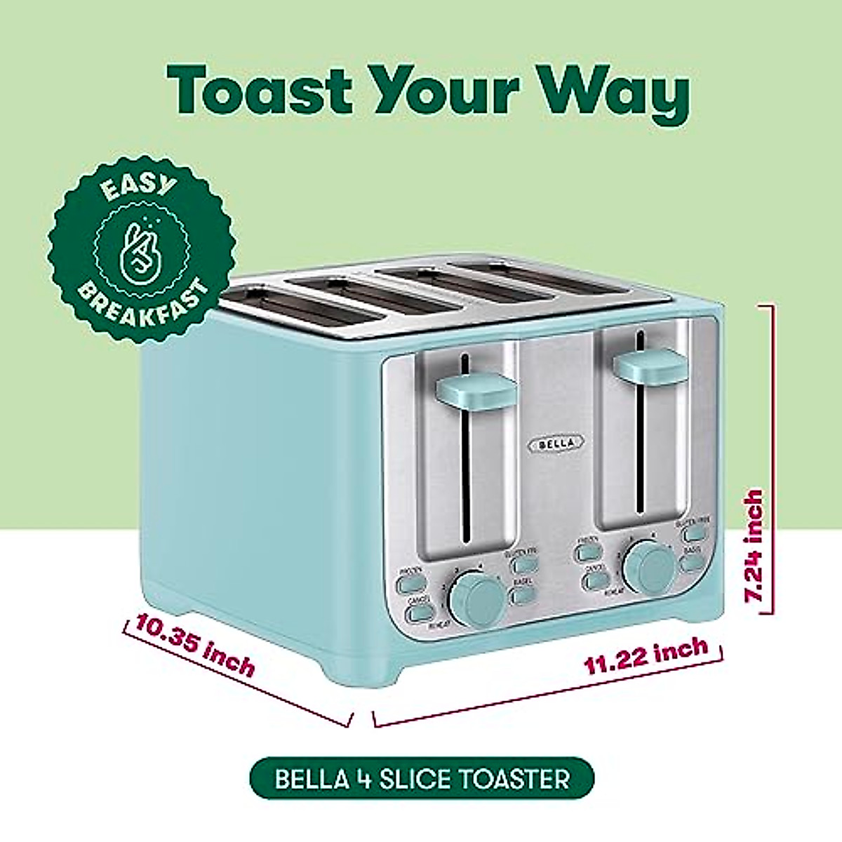 BELLA 4 Slice toaster, Stainless Steel and Aqua
