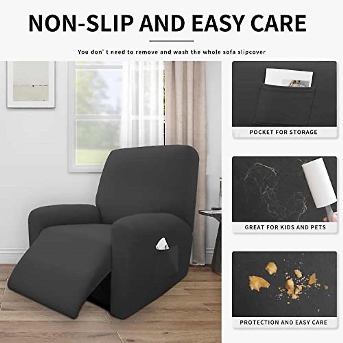 Easy-Going 100% Dual Waterproof Recliner Cover Stretch Soft Couch Cover for Dogs, Sofa Slipcover for Recliner Couch Leakproof Furniture Protector for Kids, Pets Dark Gray