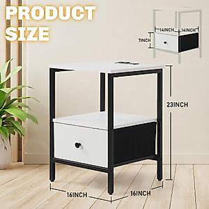 GORZING Nightstand with Charging Station, Small End Table, Narrow Side Table with Drawer, Rustic Bedside Tables for Bedroom, Living Room, White