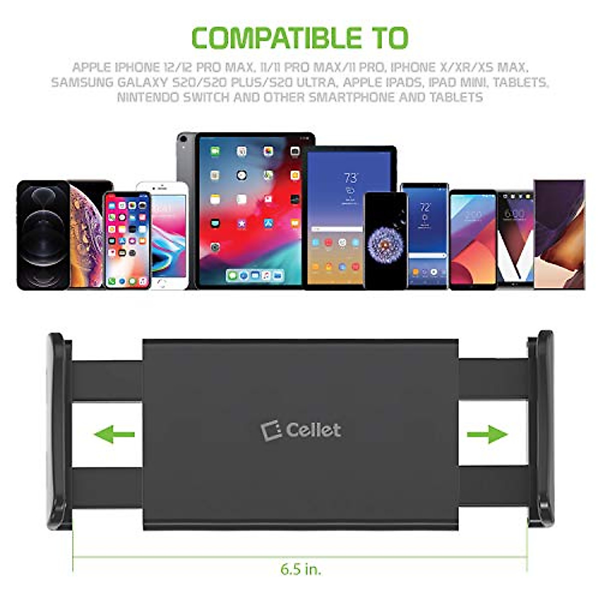 Cellet Dual Adjustable Phone Holder & Tablet Mount for Car Back Seat Headrest Compatible with Apple iPad, Air, Pro, Mini, iPhone 14 Pro Max Plus 13 Samsung Galaxy, Google Pixel, Moto