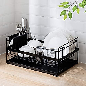SUNFICON Dish Drainer Dish Drying Rack Kitchen Countertop Dishes Draining Holder Organizer with Drip Tray Cutlery Utensil Holder Heavy Duty Metal RV Studio Small Apartment 18.5x10.83x7.48in,Black