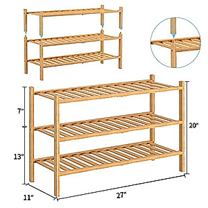 RONGJIA 3-Tier Natural Bamboo Shoe Rack - Stackable Storage Shelf with Multi-Function Combinations - Free Standing Shoe Racks for Convenient Shoe Organization（Natural） 11" D x 27" W x 20" H
