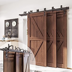 Homacer Black Rustic Triple Track Bypass Sliding Barn Door Hardware Kit (for Door Thickness 1-3/8in ~ 1-3/4in), Three 9ft Long Flat Tracks, for Three/Triple Interior Doors