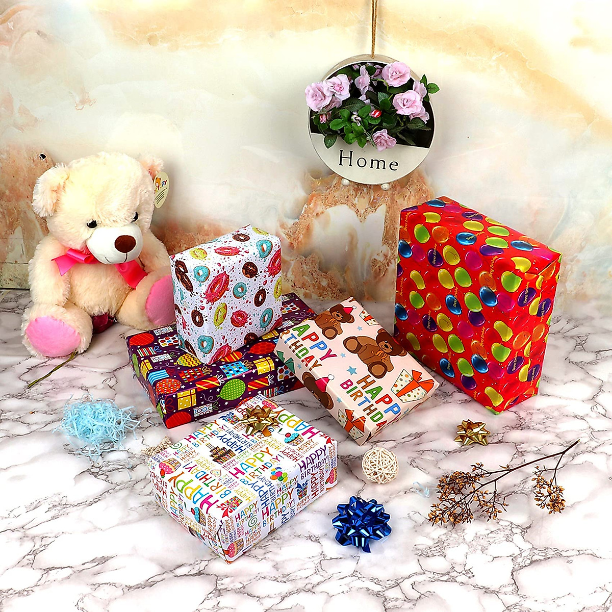 YZL Cartoon Gift Wrapping Paper Set Happy Birthday Gift Wrapping Papers, Cute Wrap Papers for Birthday, Baby Showers, 10 Folded Sheets with 5 Patterns, 20 x 29.5 inch Per Sheet