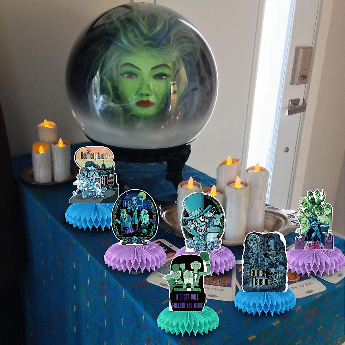 Haunted Mansion Party Decorations Honeycomb Centerpiece, 8 Pieces Halloween Horror Theme 3D Double Side Cake Toppers Table Centerpieces, Haunted Mansion Photo Backdrop for Kids Birthday Party