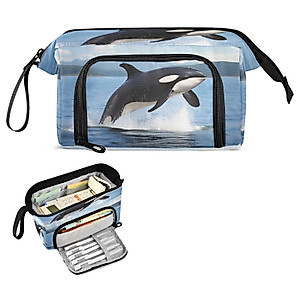 Emelivor Orca Whale with Ocean Pencil Case Large Capacity Pencil Pouch Bag with Compartmens Pen Bag Case with Zipper Stationery Bag Pencil Organizer for School Office Men Women Adults