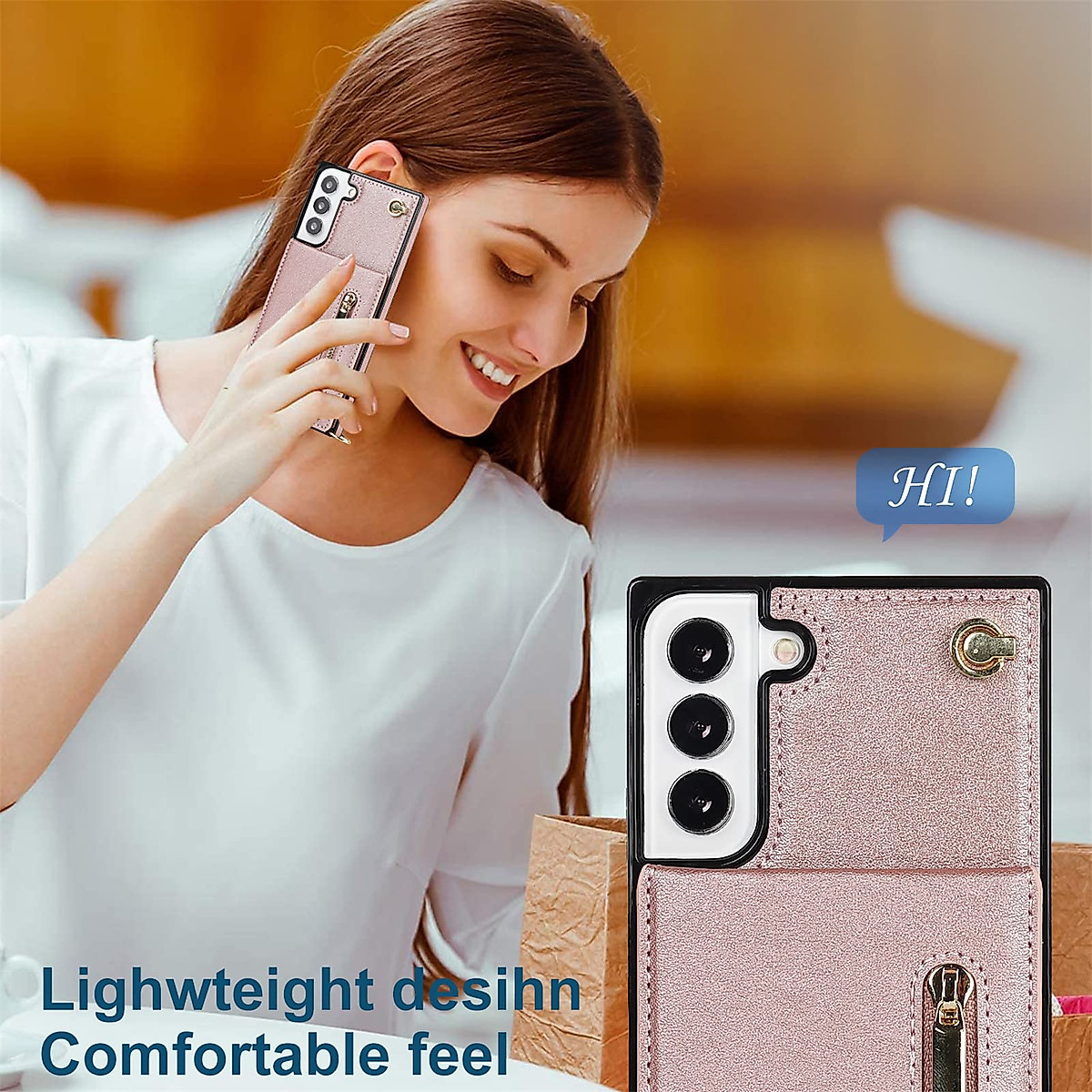 Tncavo Crossbody Wallet Case for Samsung Galaxy S22 for Women, RFID Blocking Card Holder PU Leather Zipper Handbag Purse Phone Cover with Lanyard Strap for Samsung Galaxy S22 XKL Pink