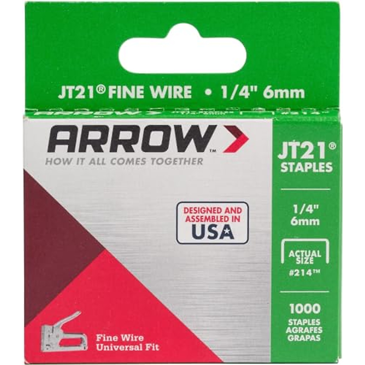 Arrow 214 JT21 Thin Wire Staples for Staple Guns and Staplers, Use for Upholstery, Crafts, General Repairs, 1/4-Inch Leg Length, 7/16-Inch Crown Width, 1000-Pack