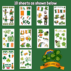 Partywind 70 PCS (10 Sheets) St Patrick's Day temporary Tattoos for Kids, St Patrick's Day Shamrock Decorations Accessories Party Favors Supplies, Cute Irish Saint Patrick's Day Face Tattoos Stickers