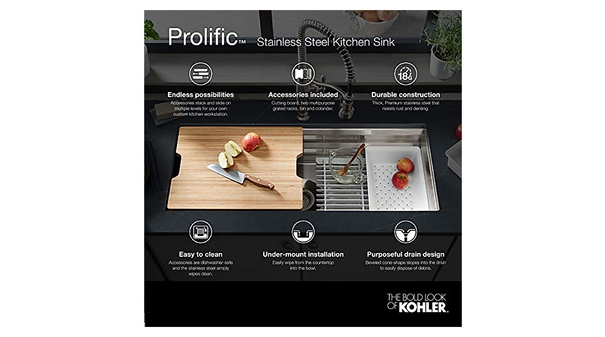 KOHLER 5540-NA Prolific Stainless Steel Workstation Sink | Quiet & Durable