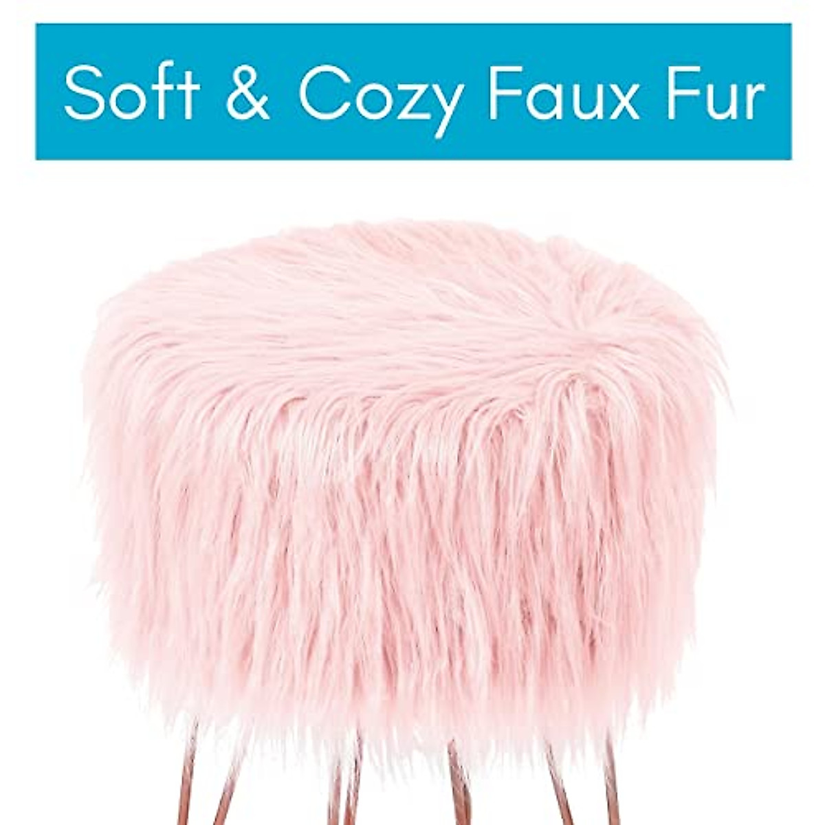 BIRDROCK HOME Pink Faux Fur Vanity Stool Chair - Soft Furry Compact Padded Seat - Vanity, Living Room, Bedroom and Kids Room Chairs - Hair Pin Metal Legs Upholstered Decorative Furniture Foot Rest