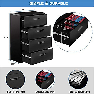 Aooppec Upgraded Version Stronger Large Metal Steel Lateral File Cabinet 4 Drawers with Lock, Heavy-Duty Filing Cabinet Lockable with Anti-Tilt Structure and 2 Keys for Home Office (Black)