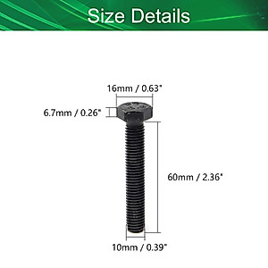 Yinpecly M10x60mm External Hex Head Screw Bolts Carbon Steel Grade 8.8 Metric Thread Hexagon Bolts Fastener 2.64"x0.63"x0.63"(LxWxH) for Machinery Furniture Hardware Black 5pcs