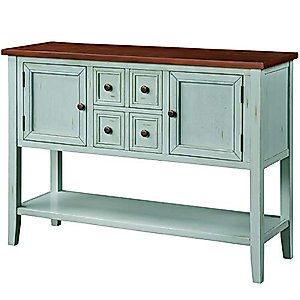 Knocbel Vintage Wood Console Table Buffet Sideboard with 4 Storage Drawers, 2 Cabinets & Bottom Shelf, Entryway Hallway Foyer Table Cupboard Coffee Bar Cabinet, 46" L x 15" W x 34" H (Antique Blue)