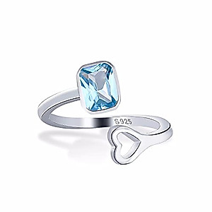 Qings Square Birthstone Adjustable Ring 925 Sterling Silver Hollow Love Heart Cubic Zirconia Aquamarine March Birthstone Open Rings Birthday Gifts for Women Girls