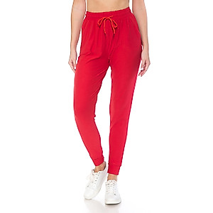 Leggings Depot Womens Relaxed fit Jogger Pants - Track Cuff Sweatpants with Pockets, Red, Small