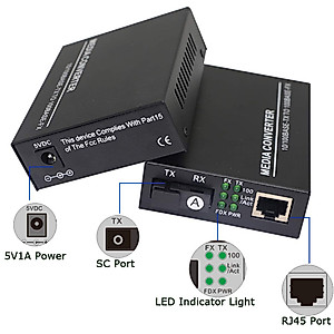 XMSJSIY Fiber Ethernet Media Converter, Single-Mode 10/100Base-TX to 100Base-FX, RJ45 to SC, Fiber Transceiver Up to 25KM (1 Pair)