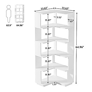 LITTLE TREE Corner Bookshelf, 64.9 Inch Tall Bookcase with Anti-Drop Panel, Modern Freestanding Corner Shelf Display Rack Storage Organizer for Home Office, Living Room, White