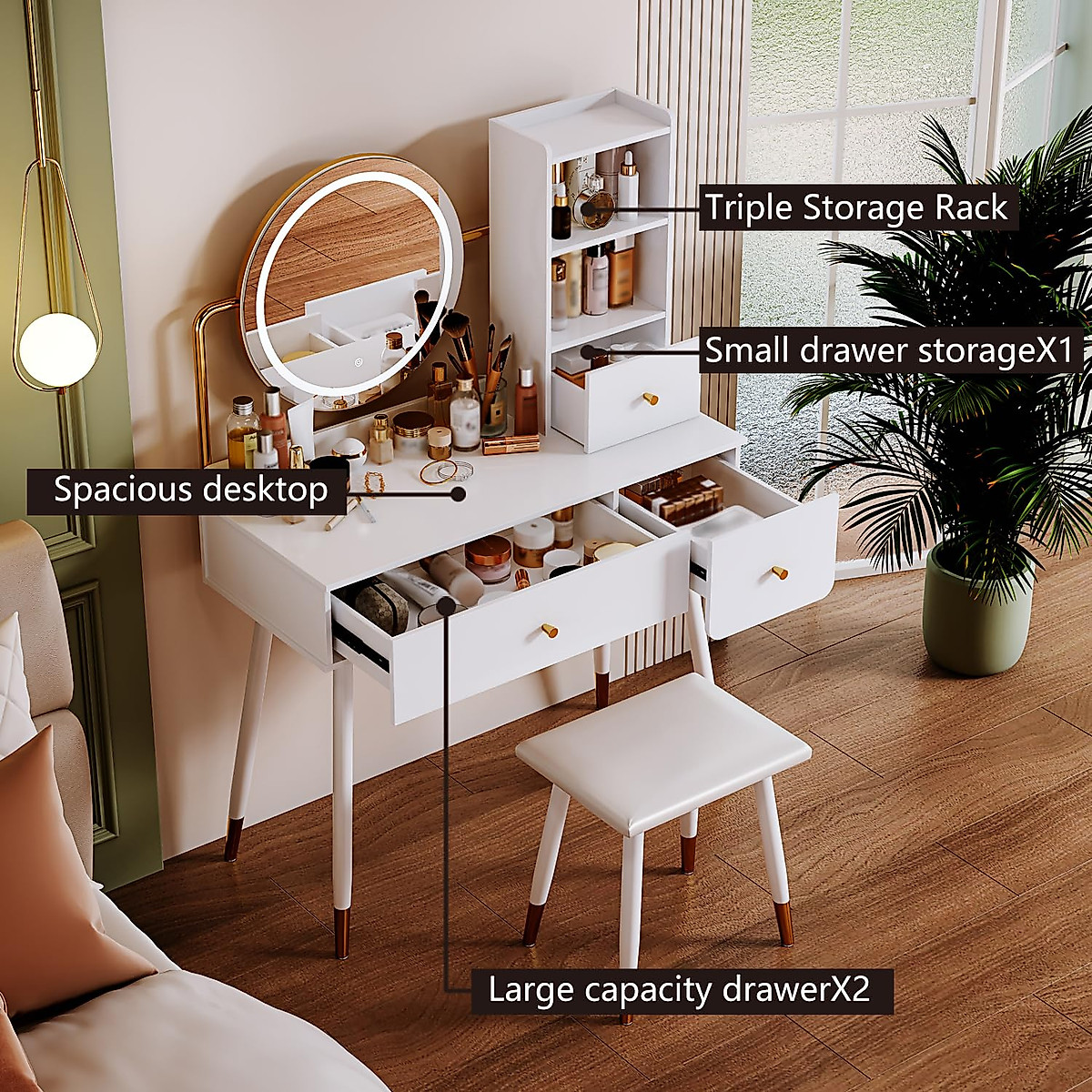 Milky White,Make Vanity Set with Touch Screen Dimming Mirror, 3 Color Lighting Modes, Dressing Table with 3 Sliding Drawers, Modern Bedroom Makeup Table and Cushioned Stool Set for Women Girls