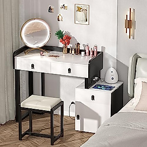Vanity Desk with Lighted Mirror & Power Outlets, 44'' Makeup Vanity Set with Lights & 3 Drawers, Vanity Mirror with Lights Desk & Chair, Dressing Table with Reversible Cabinet & Stool, White & Black