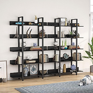 Tribesigns 5 Tiers Bookcase, 5-Shelf Industrial Style Etagere Bookcases and Book Shelves, Metal and Wood Free Vintage Bookshelf with Back Fence, Black