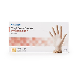 McKesson Vinyl Exam Gloves - Disposable, Powder-Free, Latex-Free - Clear Medical Gloves for Healthcare, Cleaning, Prep - XS, 100 Count, 1 Box
