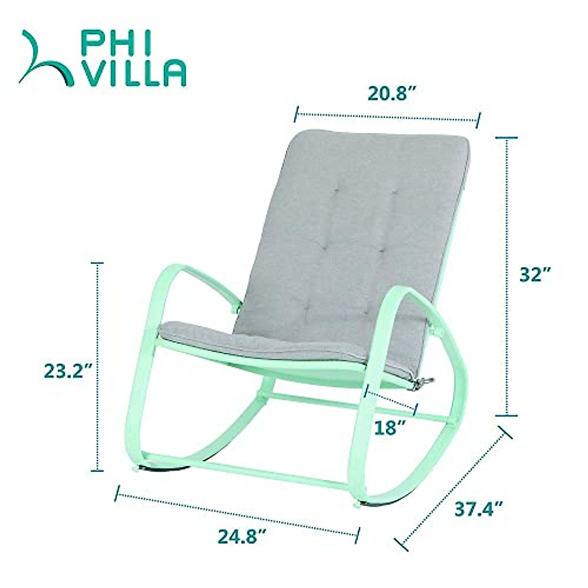 PHI VILLA Outdoor Patio Metal Rocking Chair, Padded Modern Rocker Chairs with Cushion, Support 301lbs for Porch, Deck, Balcony or Indoor Use (2PCS, Green)