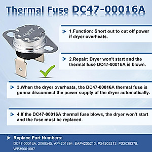 DC47-00016A Thermal Fuse & DC96-00887A Thermal Fuse & DC32-00007A Dryer Thermistor & DC47-00018A Thermostat Dryer Kit Replacement Part-Compatible with samsung lg & kenmore Dryers